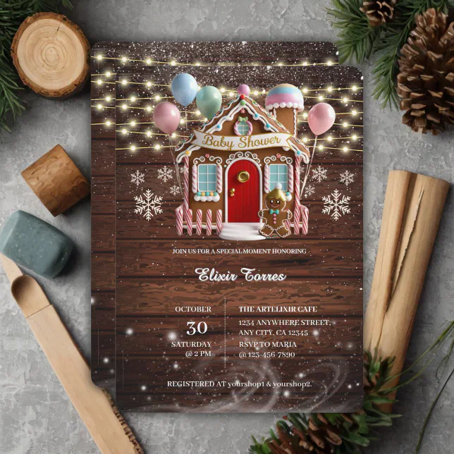 Rustic Winter Gingerbread House Baby Shower Invitation | Zazzle