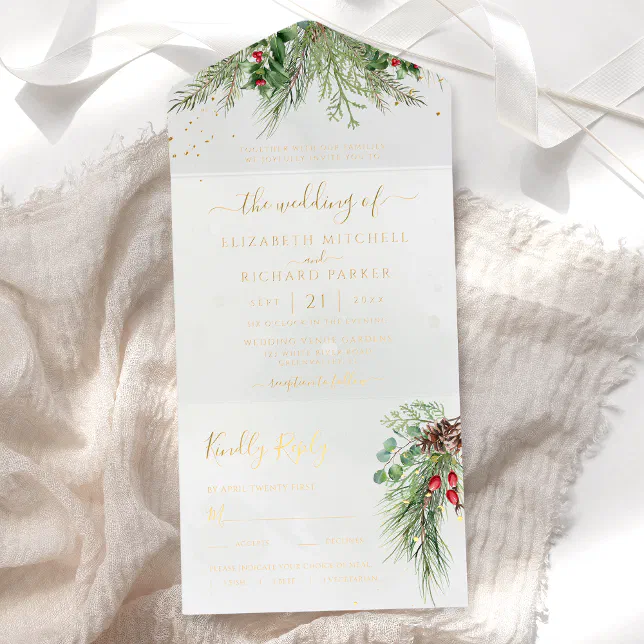 Rustic Winter Greenery Berries Pine Cone Wedding All In One Invitation ...