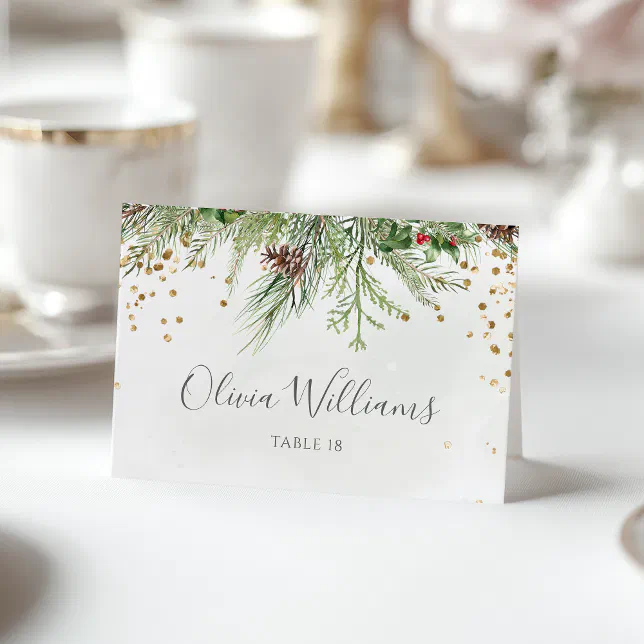 Rustic Winter Greenery Glitter Wedding Place Card | Zazzle