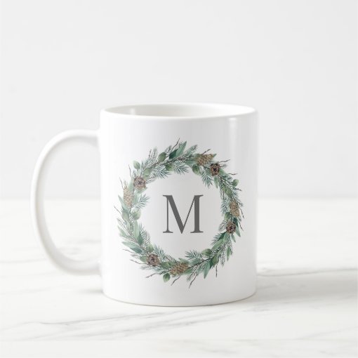 Rustic Winter Greenery Monogram Initial Wreath Coffee Mug | Zazzle