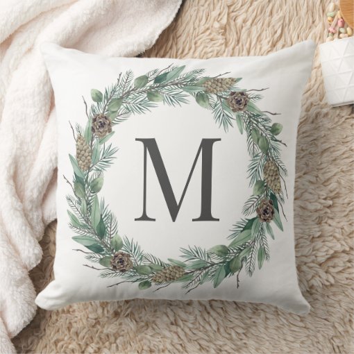Rustic Winter Greenery Monogram Initial Wreath Throw Pillow | Zazzle