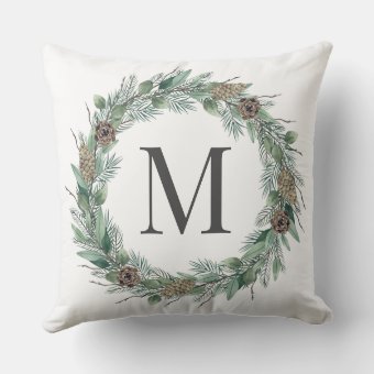 Rustic Winter Greenery Monogram Initial Wreath Throw Pillow | Zazzle