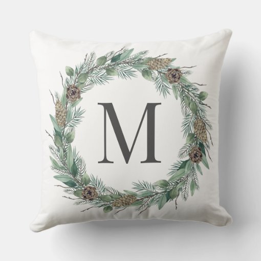 Rustic Winter Greenery Monogram Initial Wreath Throw Pillow | Zazzle