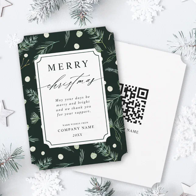 Rustic Winter Greenery QR Code Corporate Christmas Holiday Card | Zazzle