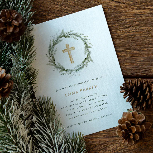 Rustic Winter Greenery | Wreath and Cross Baptism Invitation | Zazzle