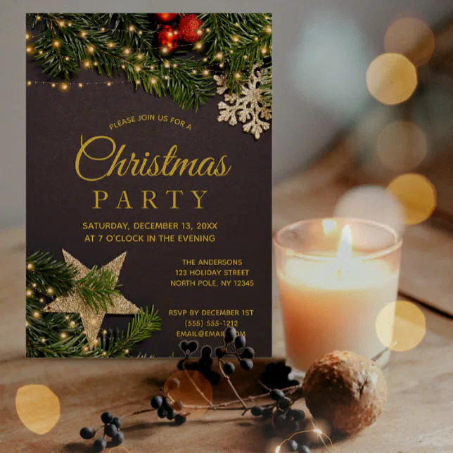 Rustic Winter Holiday Lights Christmas Party Invitation | Zazzle