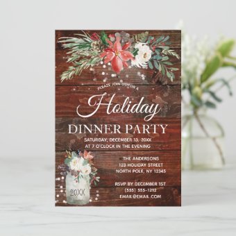 Rustic Winter Holiday Lights Floral Dinner Party Invitation | Zazzle