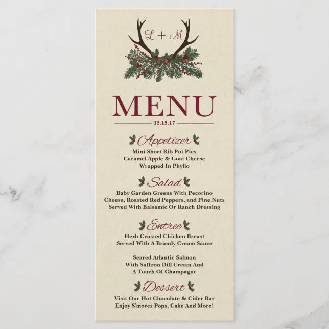Rustic Winter Holiday Pine Wedding Dinner Menu | Zazzle