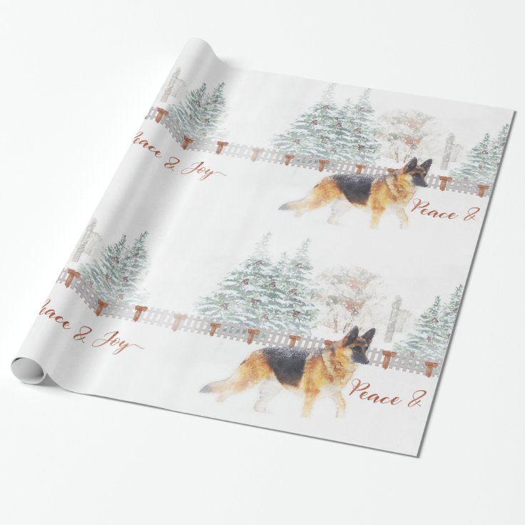 Rustic Winter Holiday Scene with German Shepherd Wrapping Paper | Zazzle