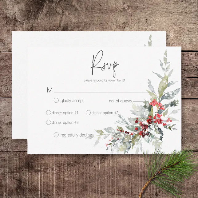 Rustic Winter Holly Berries & Snow Wedding RSVP Card | Zazzle