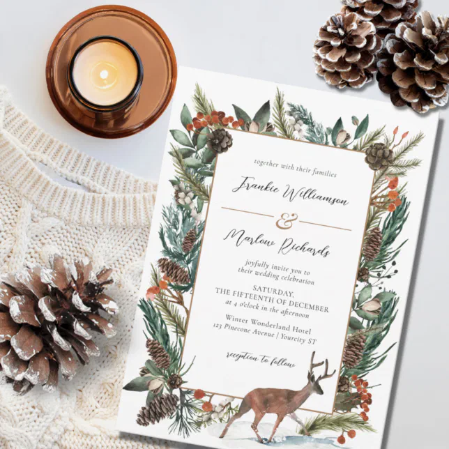 Rustic Winter Pine Cone Greenery Evergreen Wedding Invitation | Zazzle