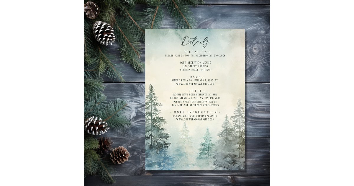 Rustic Winter Pine Forest Woodland Wedding Details Enclosure Card | Zazzle
