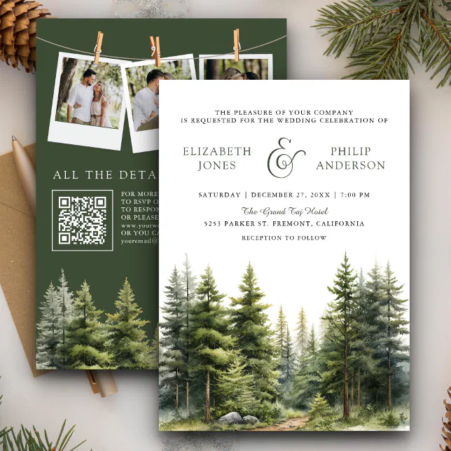 Rustic Winter Pine Trees Forest QR Code Wedding Invitation | Zazzle