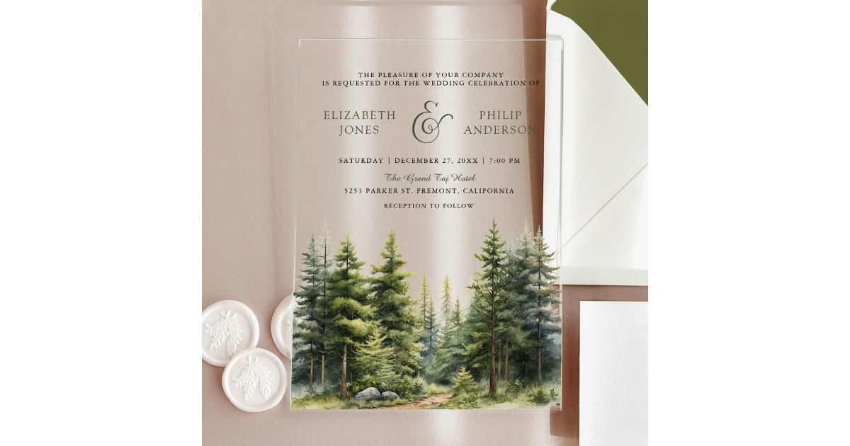 Rustic Winter Pine Trees Forest Wedding Acrylic Invitations | Zazzle