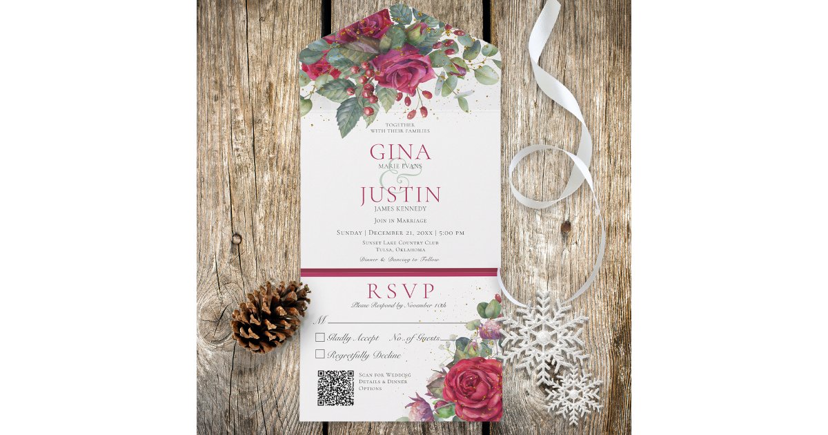 Rustic Winter Red Wine Roses QR Code All In One Invitation | Zazzle
