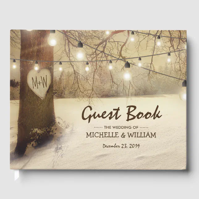 Rustic Winter Tree Christmas Lights Wedding Guest Book | Zazzle