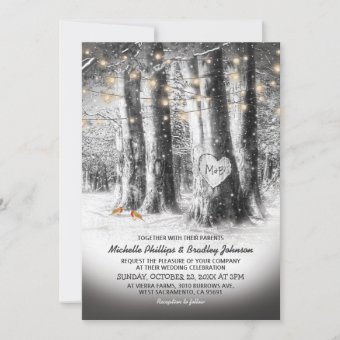 Rustic Winter Tree & String Lights Wedding Invitation | Zazzle