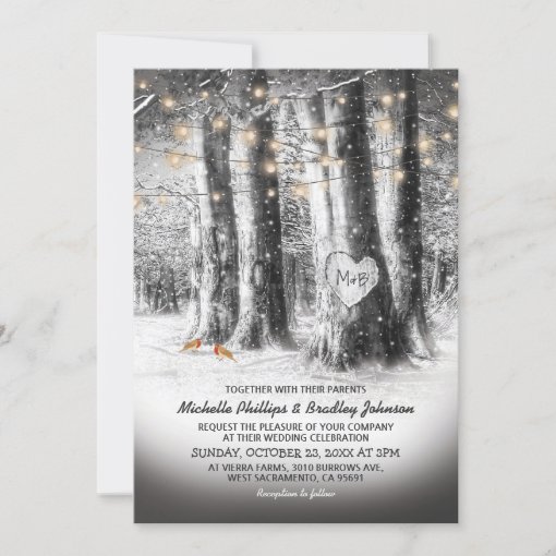 Rustic Winter Tree & String Lights Wedding Invitation | Zazzle