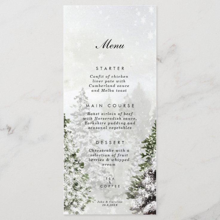 rustic winter wonderland wedding menu cards | Zazzle