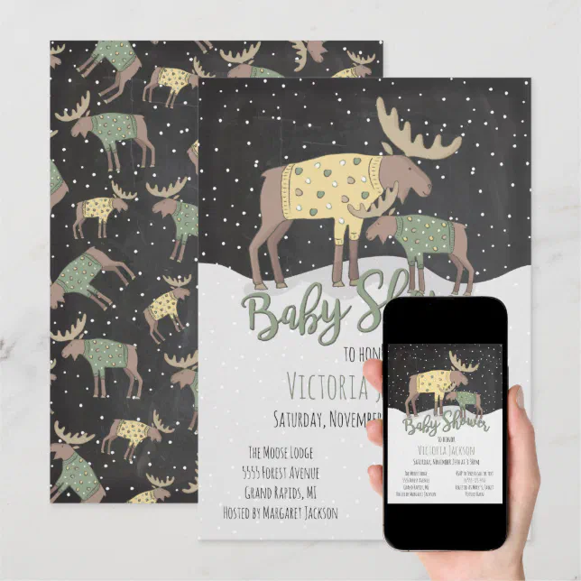 Rustic Winter Woodland Moose and Baby Shower Invitation | Zazzle