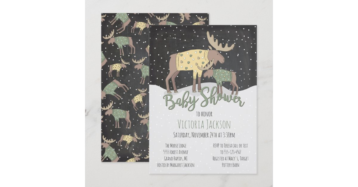 Rustic Winter Woodland Moose and Baby Shower Invitation | Zazzle