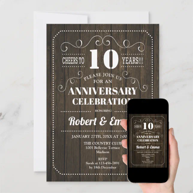 Rustic Wood 10th Wedding Anniversary Party Invitation | Zazzle