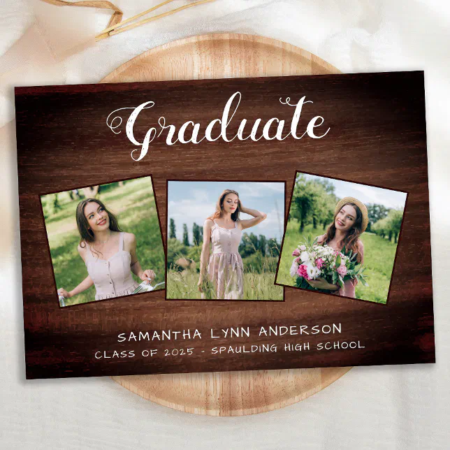 Rustic Wood 3 Photo Collage Graduation Invitation | Zazzle