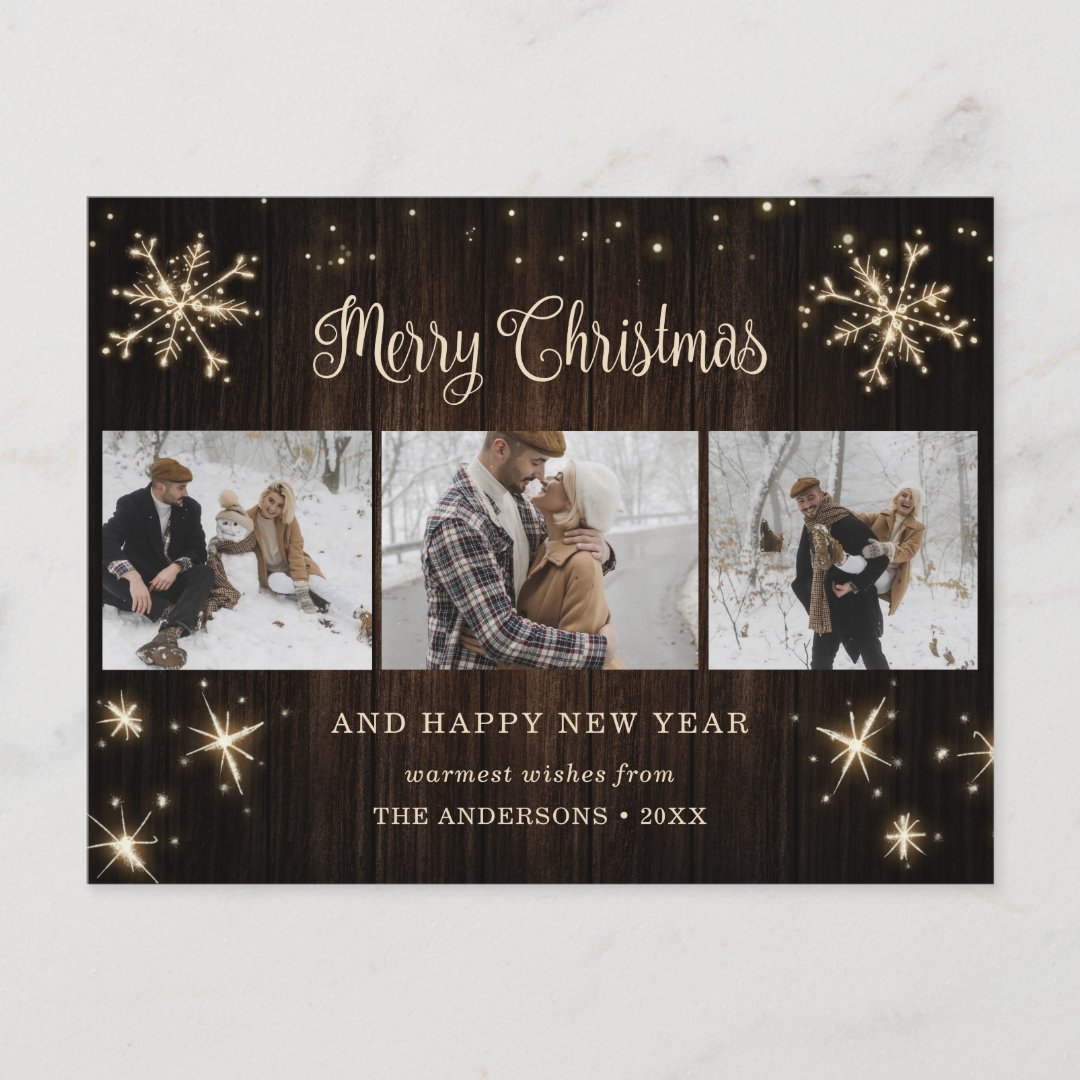 Rustic Wood 3 Photo Merry Christmas Postcards | Zazzle