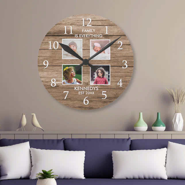 Rustic Wood 4 Photo Collage Family Name Quote Round Clock | Zazzle