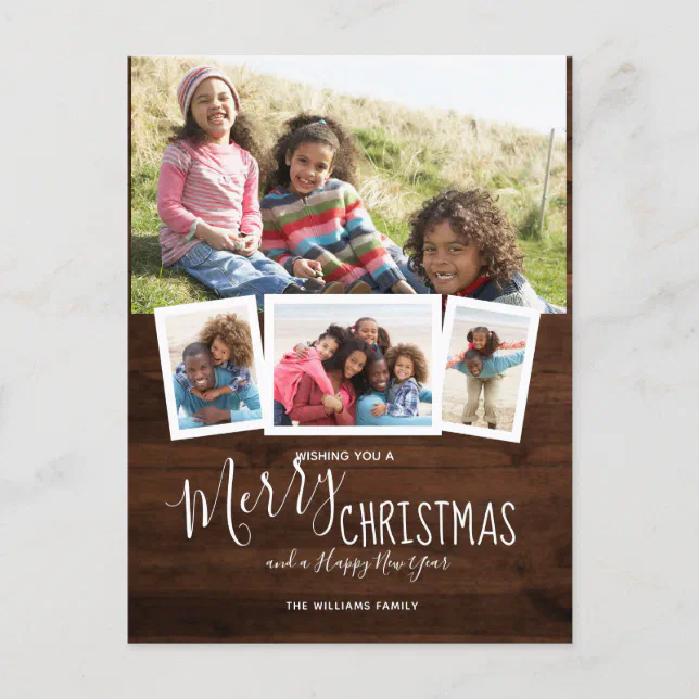 Rustic Wood 4 Photo Collage Merry Christmas Holiday Postcard | Zazzle