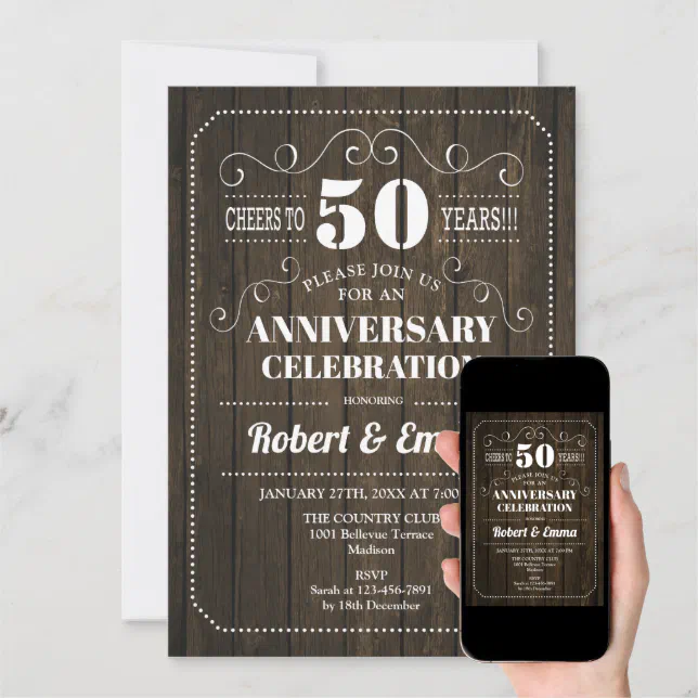 Rustic Wood 50th Wedding Anniversary Party Invitation | Zazzle