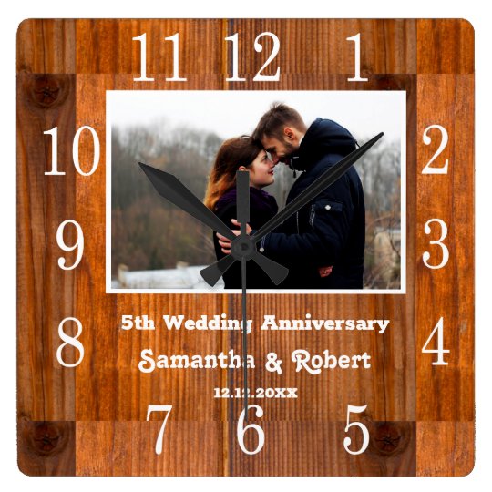 Rustic Wood 5 Year Anniversary Photo Square Wall Clock | Zazzle.com