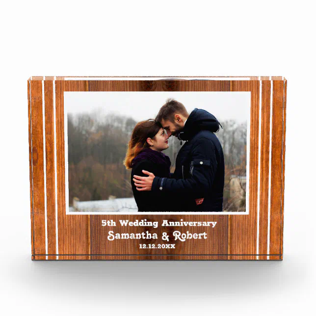 Rustic Wood 5th Wedding Anniversary Couple Photo Block | Zazzle