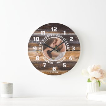 Rustic Wood 5th Wedding Anniversary Photo Large Clock | Zazzle