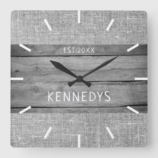 Rustic Wood And Burlap Farmhouse Family Name Square Wall Clock | Zazzle