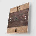 Rustic Wood And Burlap Farmhouse Square Wall Clock | Zazzle