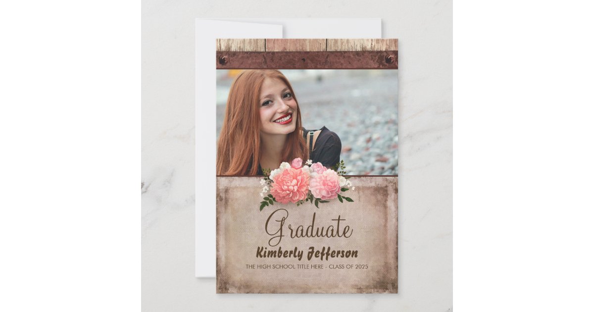 Rustic Wood and Burlap Floral Photo Graduation Invitation | Zazzle