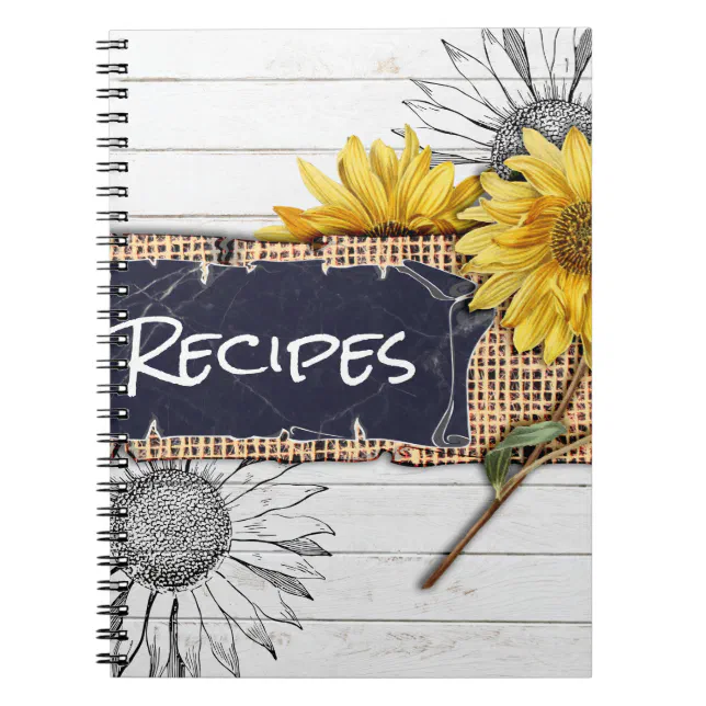 Rustic Wood and Burlap Sunflower Recipe Notebook | Zazzle