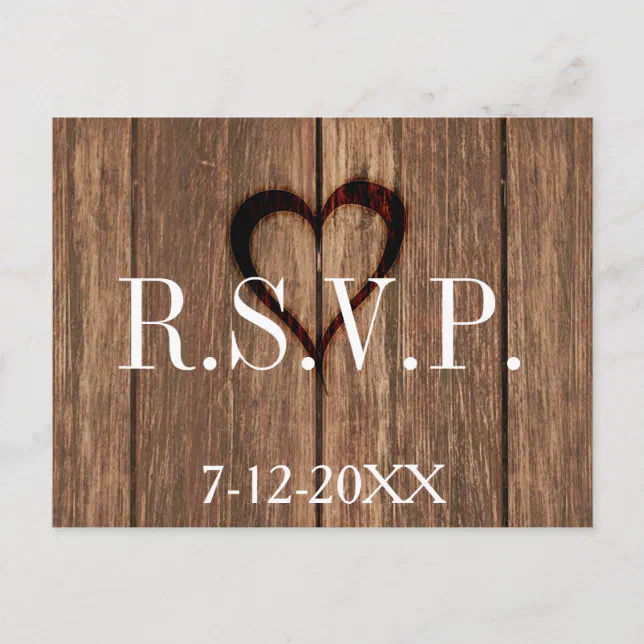 Rustic Wood and Engraved Heart RSVP Card | Zazzle