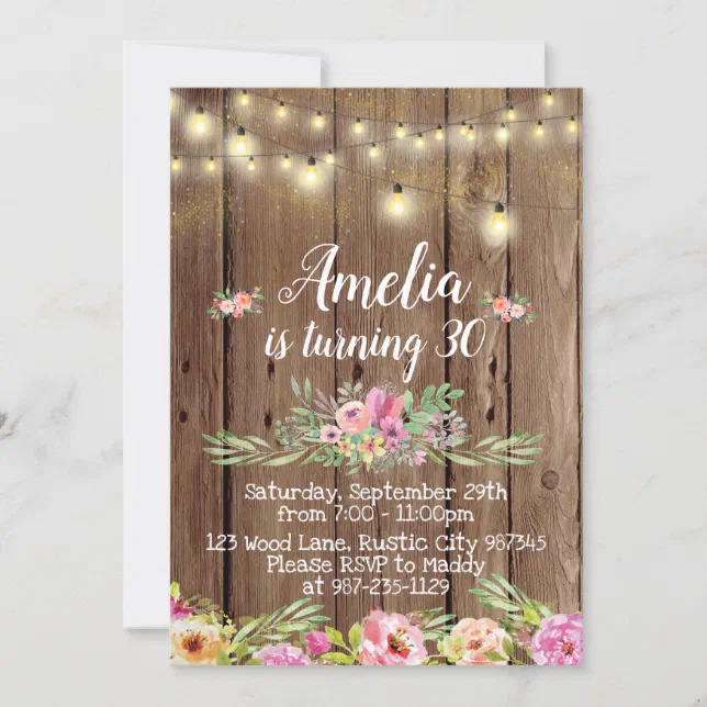 Rustic Wood and Flowers Birthday Invitation | Zazzle