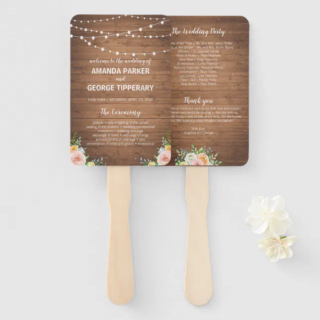 Rustic wood and flowers wedding programs hand fan | Zazzle