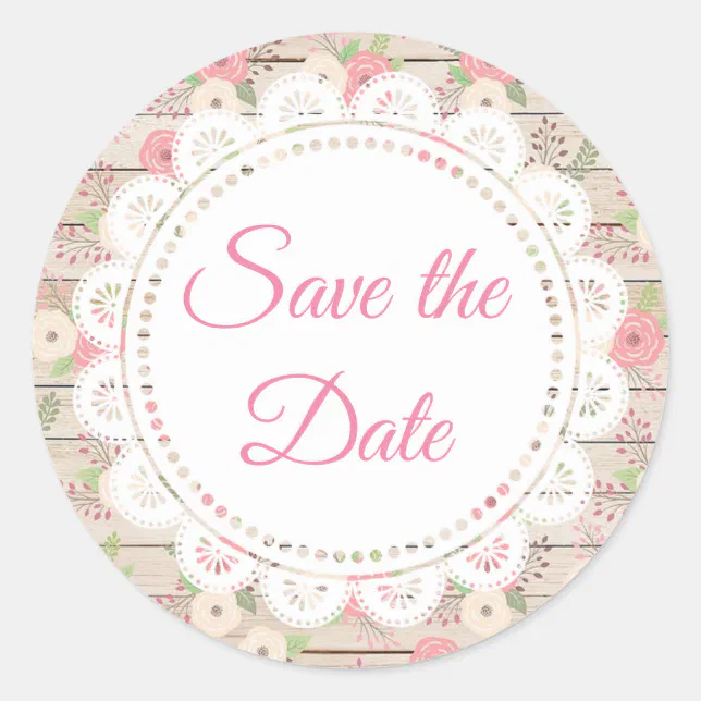 Rustic Wood and Flowers Wedding Save the Date Classic Round Sticker ...