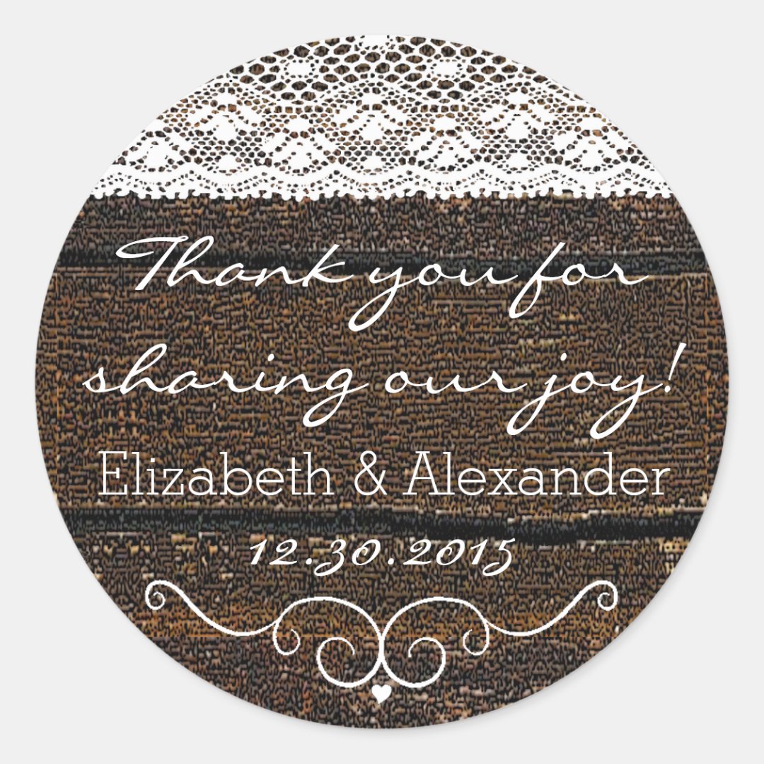 Rustic Wood and Lace- Classic Round Sticker | Zazzle