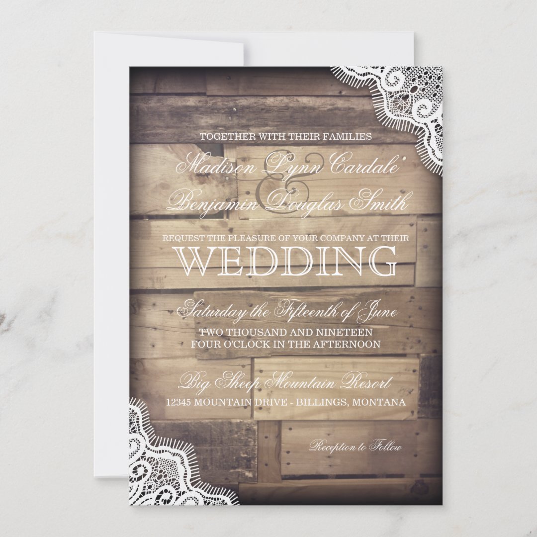 Rustic Wood and Lace Country Wedding Invitations | Zazzle