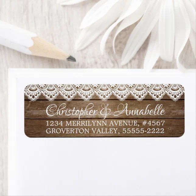 Rustic Wood and Lace Elegant Script Wedding Label | Zazzle