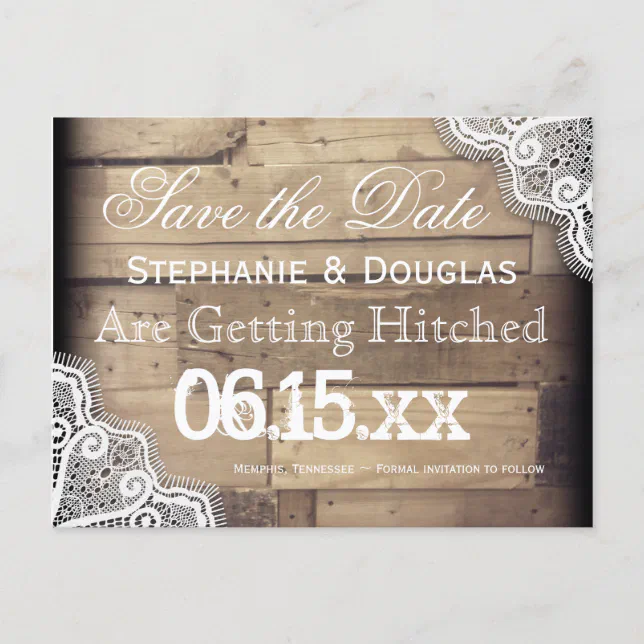 Rustic Wood and Lace Save the Date Postcards | Zazzle