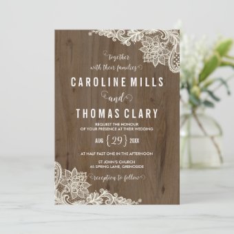 Rustic Wood and Lace Wedding Invitation | Zazzle
