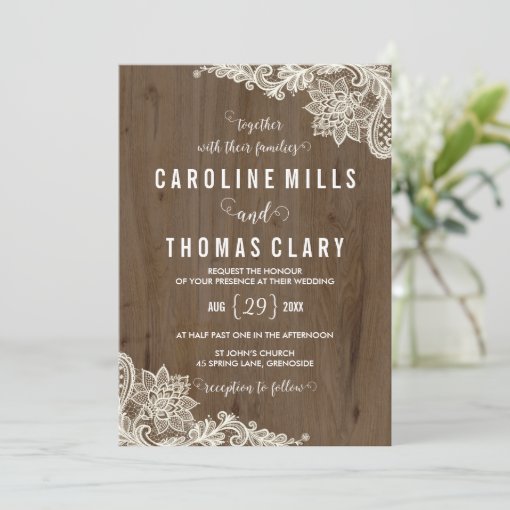 Rustic Wood and Lace Wedding Invitation | Zazzle