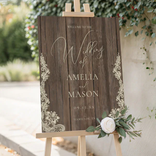 Rustic Wood and Lace Wedding Welcome Sign | Zazzle