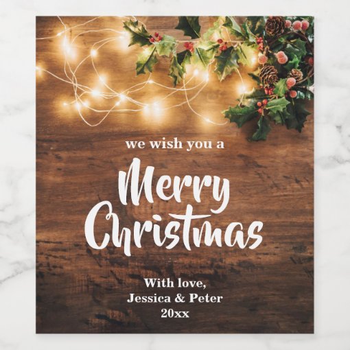 Rustic wood and lights Merry Christmas Wine label | Zazzle